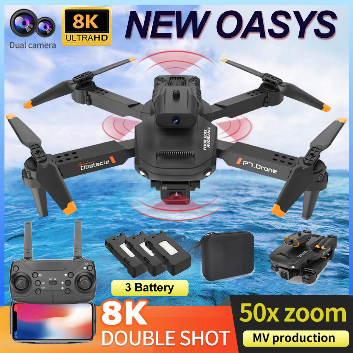 8K GPS Drone with HD Camera Drones w/ 3 Battery WiFi FPV Foldable RC Q ...