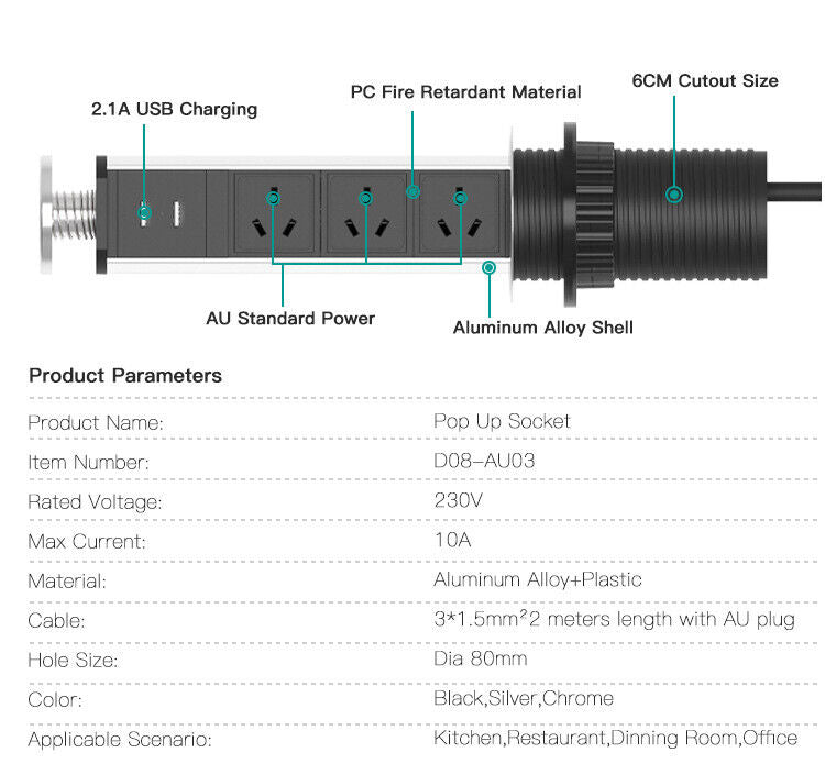 Pop Up Power Point 3 Socket Plug + 2 USB Table Home Kitchen Desk Outle ...