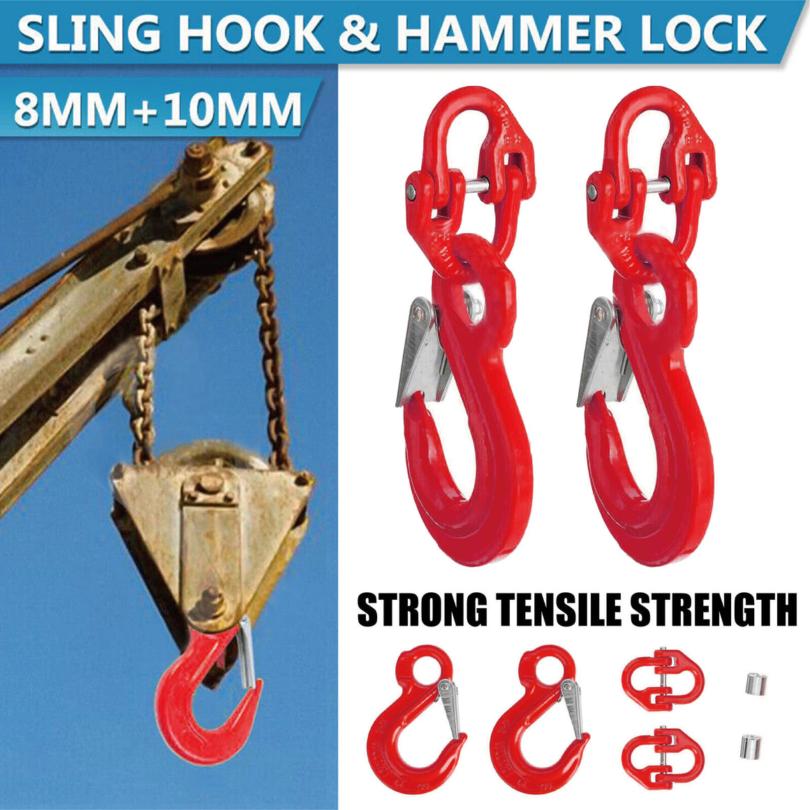 2X (8mm Hammerlock+ 10mm Eye Sling Hook) Caravan Trailer Chain connect ...