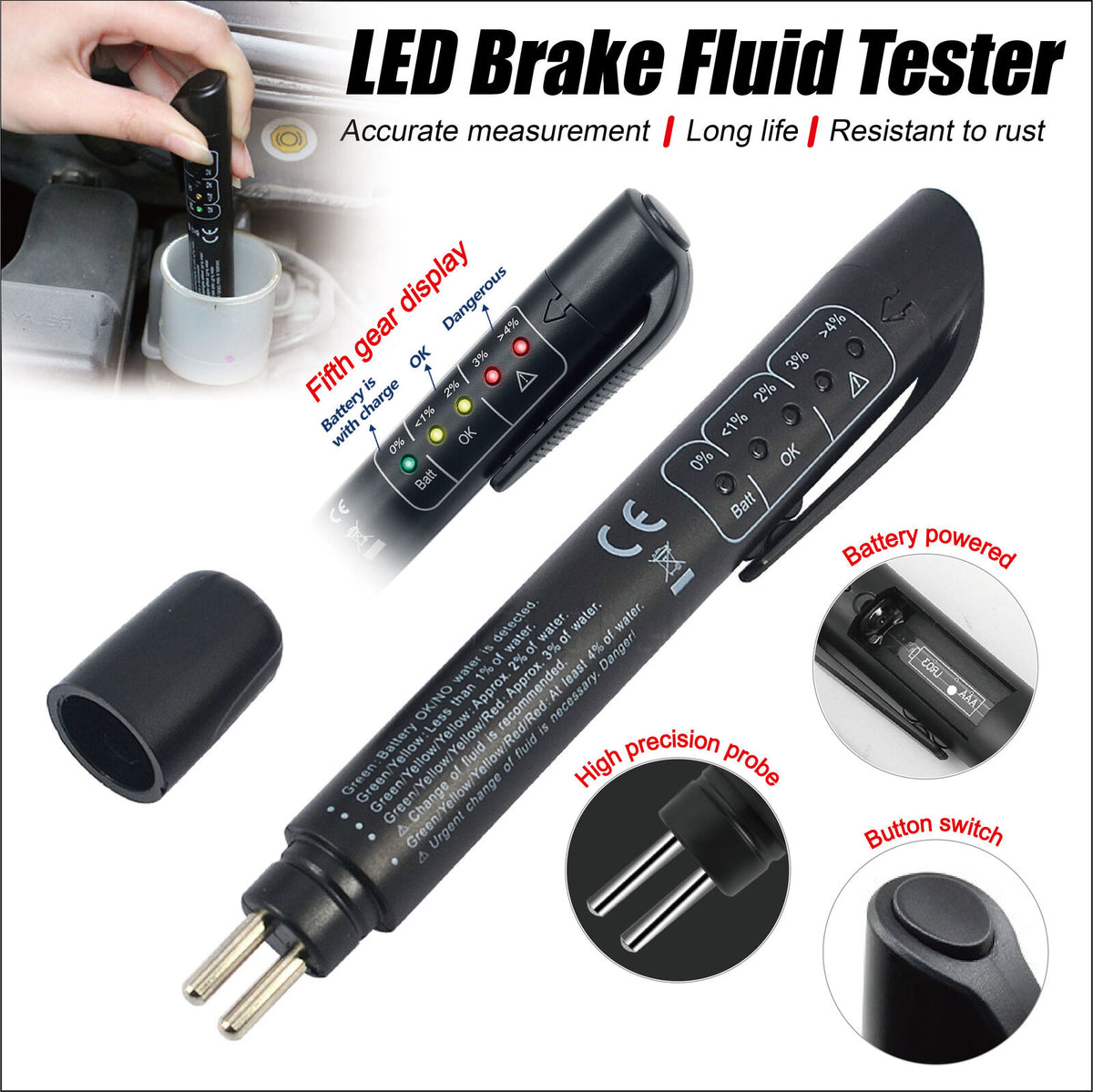 Auto Liquid testing Brake Fluid Tester pen 5 LED indicator display ...