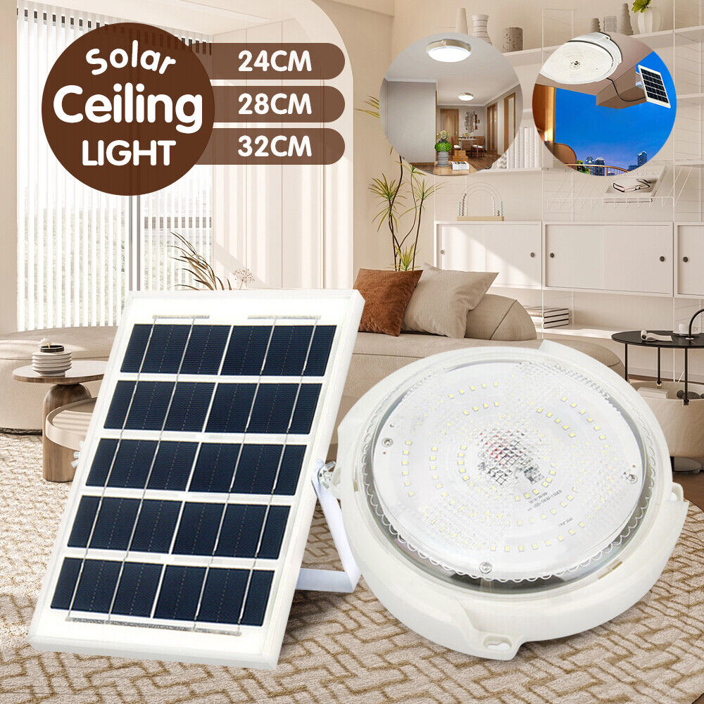 Solar Powered 24/28/32cm LED Ceiling Light Bedroom Garden Garage Shed ...