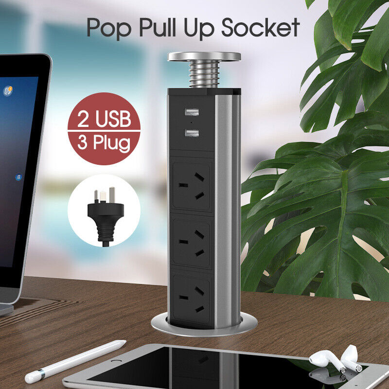 Pop Up Power Point 3 Socket Plug + 2 USB Table Home Kitchen Desk Outle ...