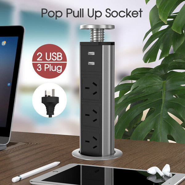 Pop Up Power Point 3 Socket Plug + 2 USB Table Home Kitchen Desk Outle ...