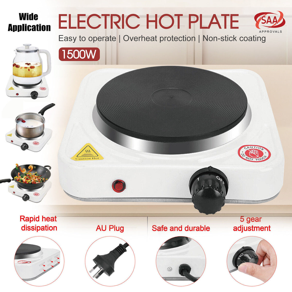 Electric Single Hob/Hot Plate,1500W Skid Proof Feet, Thermostatically ...