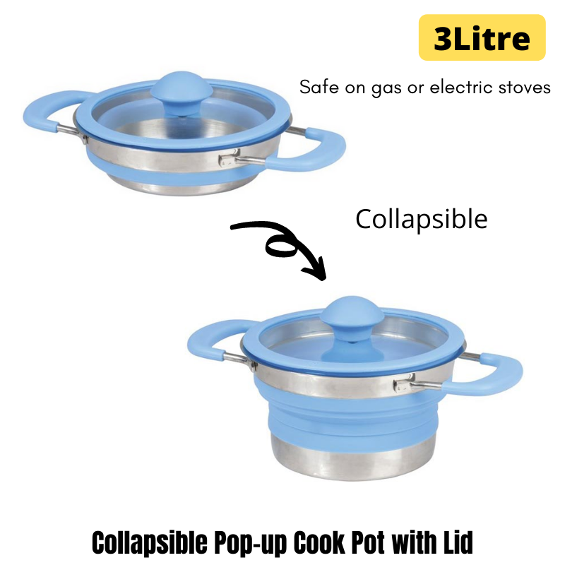 1x Collapsible Pop-up 3L Cook Pot with Lid Stainless Steel Base Campin ...