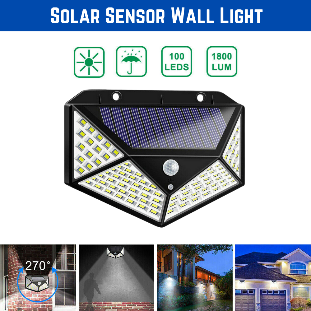100 LED Solar Sensor Wall Light Motion Lights Outdoor Safety Security ...