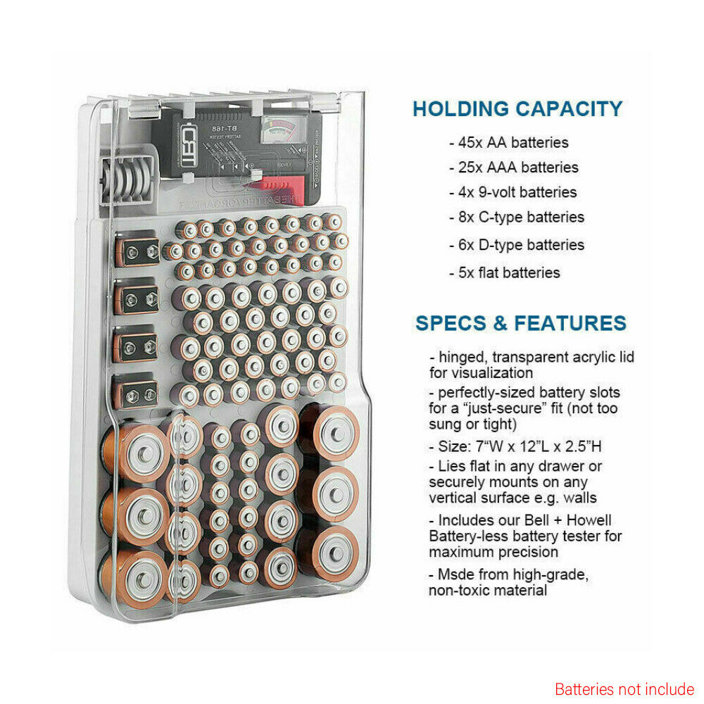Battery Storage Organizer Holder with Tester - Battery Caddy Rack Case ...