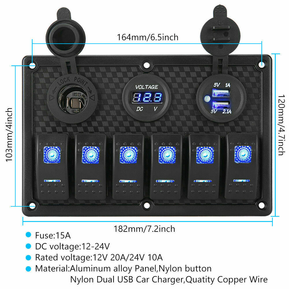 12V 6 Gang Switch Panel LED Light Rocker Circuit Breaker For Car RV Bo ...