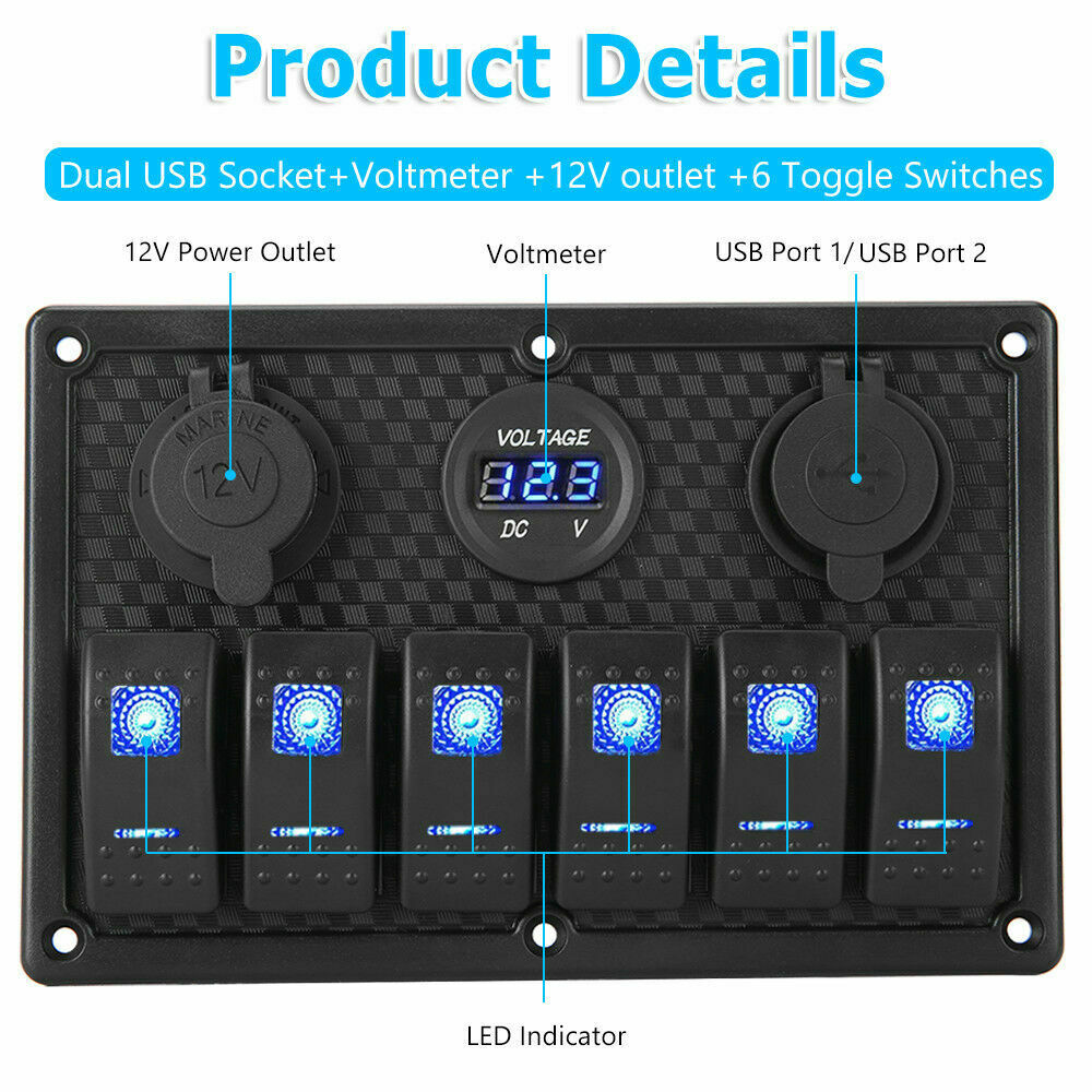12V 6 Gang Switch Panel LED Light Rocker Circuit Breaker For Car RV Bo ...