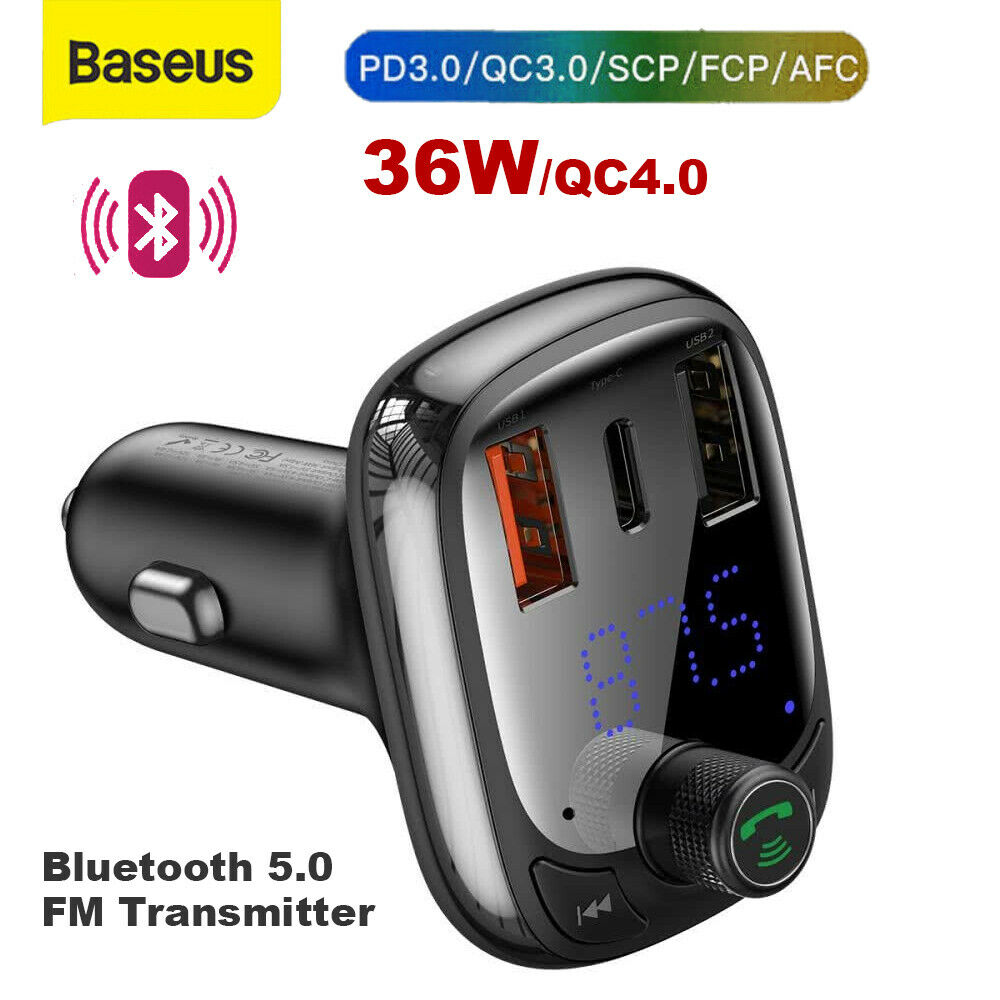 Baseus Bluetooth 5.0 FM Transmitter Car Kit Adapter MP3 Player Dual US ...