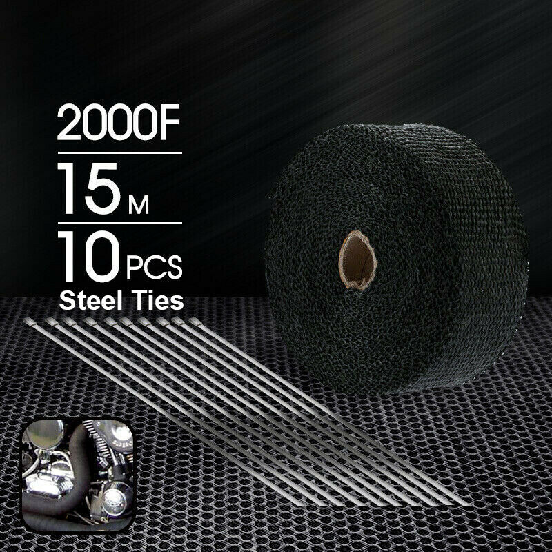 Heat Resistant 2000F Exhaust Wrap Black 15M*50mm + 10 Stainless Steel ...