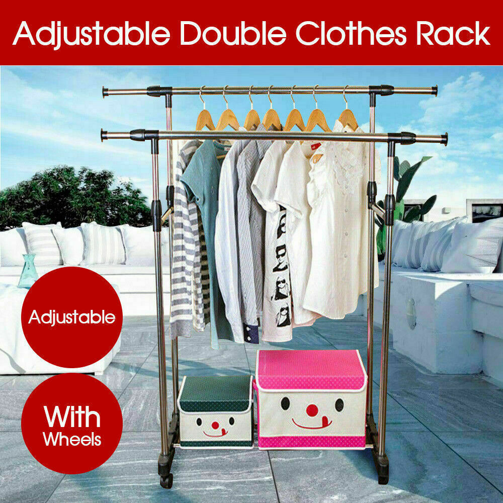 Clothes Rack Double Stainless Shelf Hanger Garment Holder Adjustable C ...