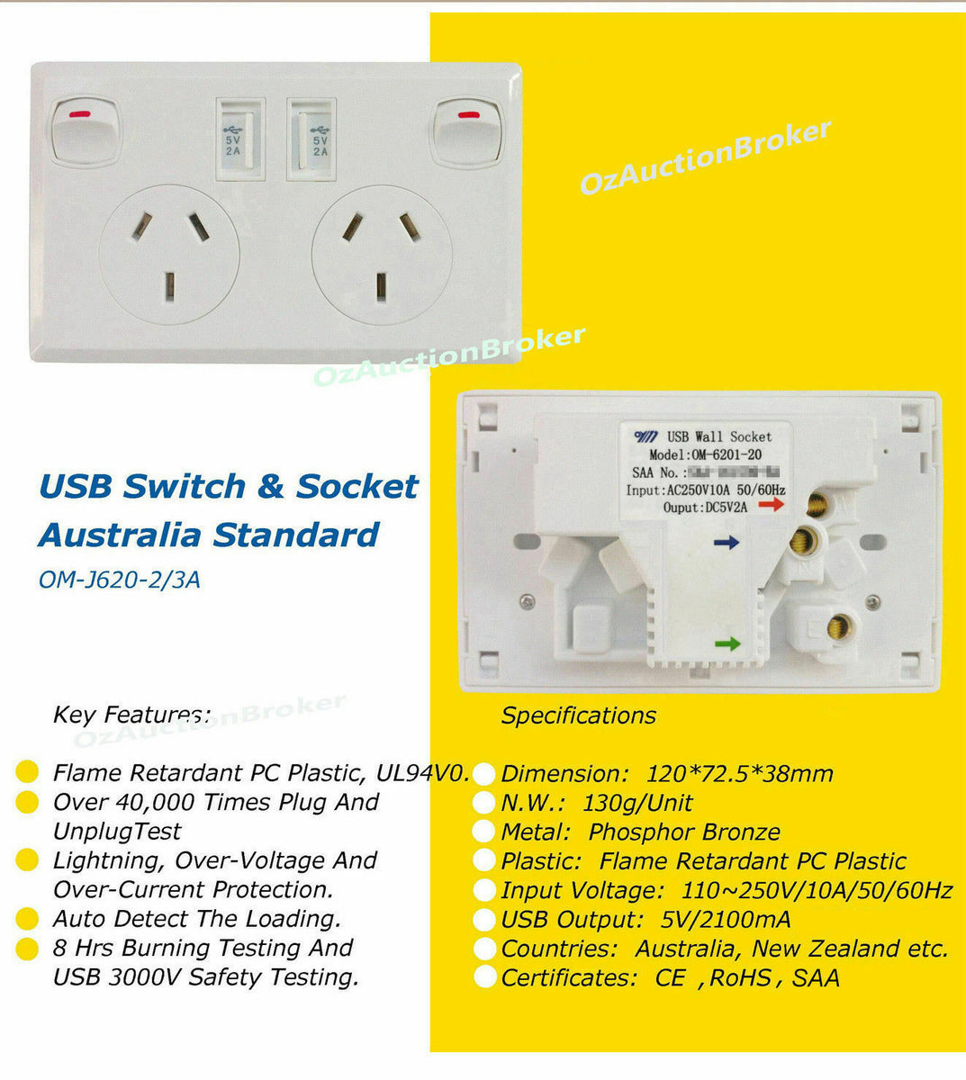 Dual USB Australian Power Point Home Wall Power Supply Socket Kit SAA ...